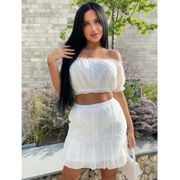Skirts | White Short Sleeve Off Shoulder Crop Top And High Waist Mini ...
